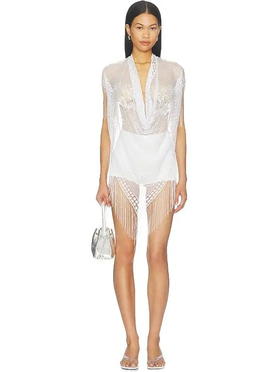 1XBLUE Upcycled Lace Top With Fringe Trim - White