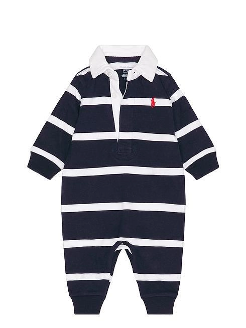 Polo Ralph Lauren Baby Striped Cotton Rugby Coverall In Multi - Refined Navy Multi