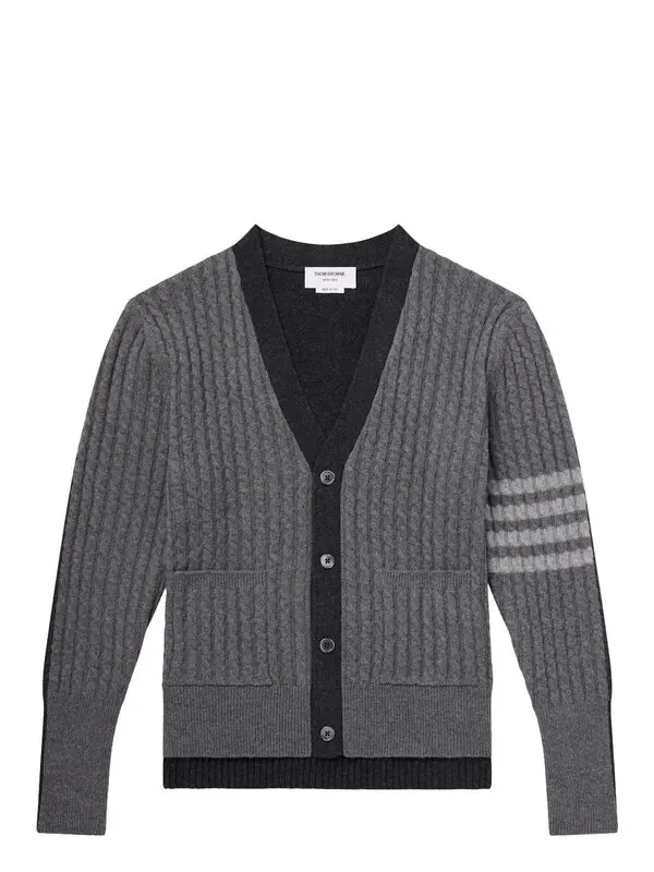 Thom Browne Cable Knit Virgin Wool Cardigan With Four-bar Stripe - Gray