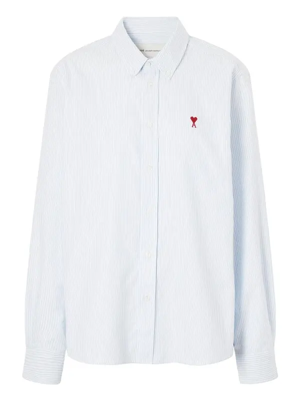 AMI Paris Embroidered Striped Cotton Oxford Shirt - Blue