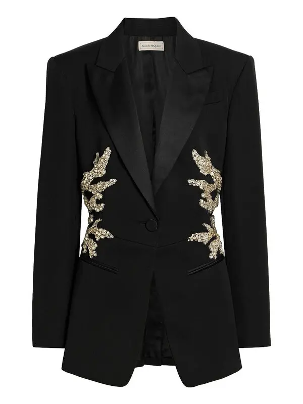 Alexander McQueen Embellished Pleated Grain De Poudre Wool Blazer - Black