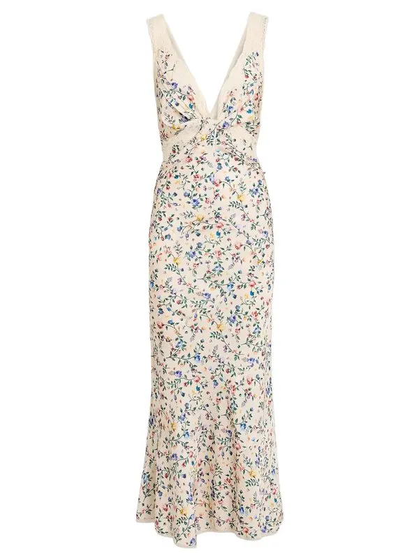Rabanne Floral Print Satin Maxi Dress With Lace Trim - Ecru