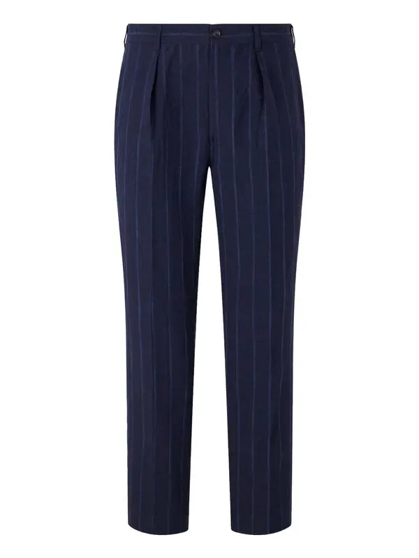 DRAKE'S Games Straight-leg Pinstriped Cotton And Linen-blend Suit Trousers - Blue