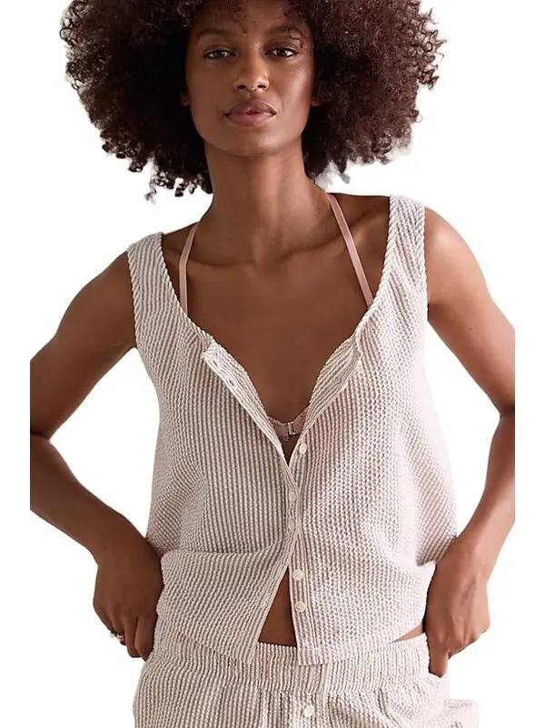NUDEA Cotton Seersucker Button-down Tank - Mocha Stripe