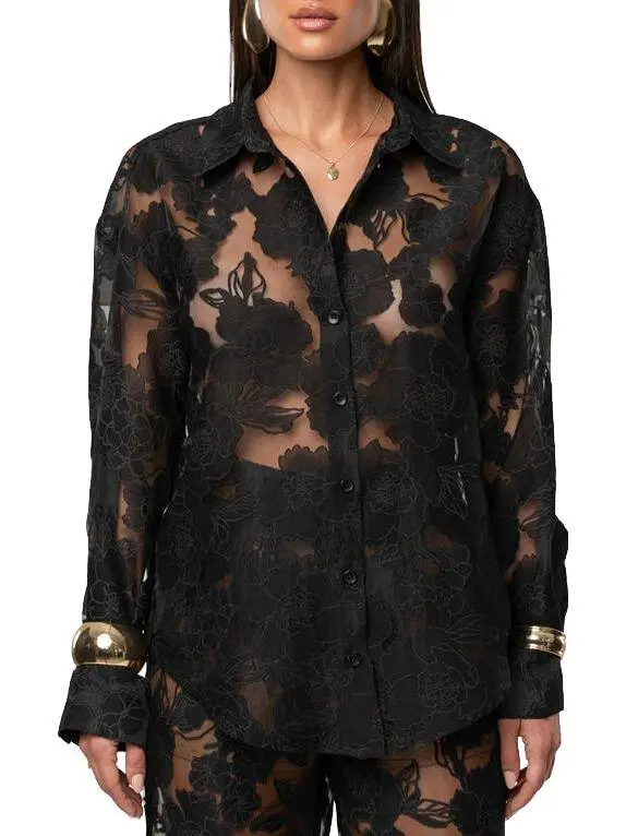 JLUXLABEL Embroidered Floral Cotton Blend Organza Button-up Shirt - Black
