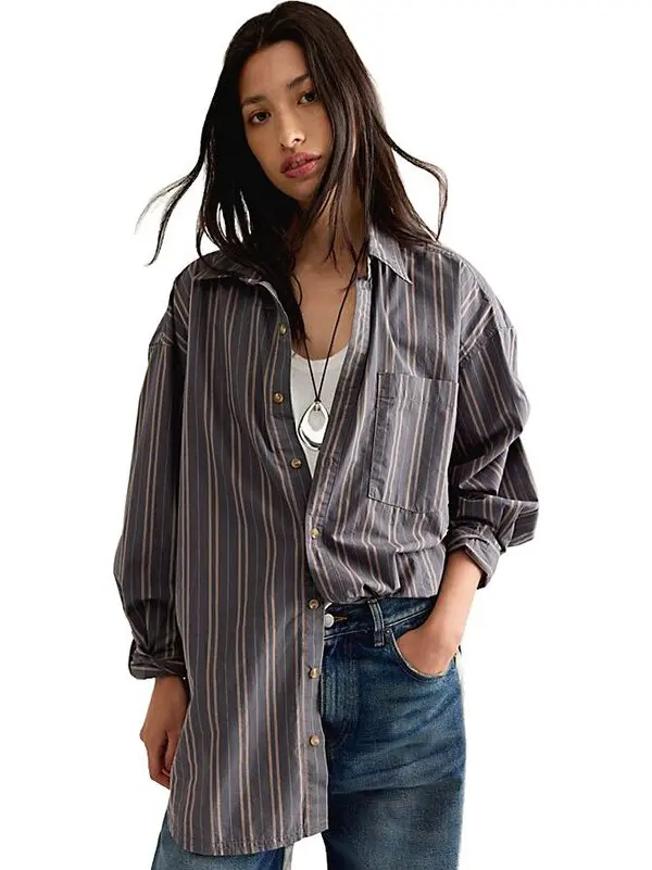Free People Freddie Striped Button-down Shirt - Grey Combo