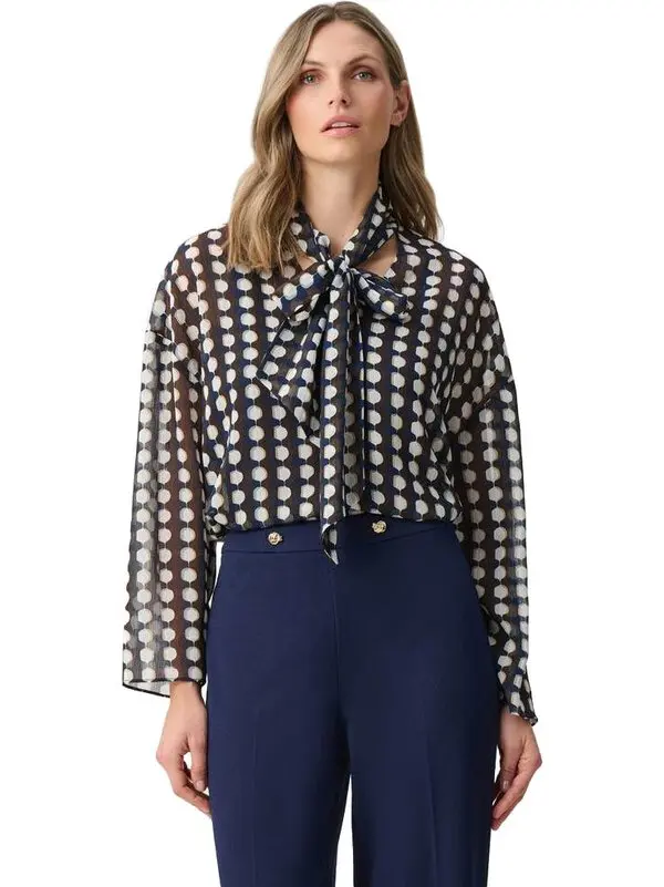 Joseph Ribkoff Geometric Print Sheer Chiffon Tie Neck Blouse - Brown/multi