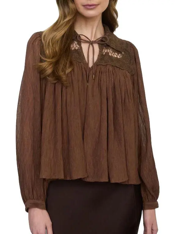 ZOE AND CLAIRE Lace Detail Tie Neck Top - Brown