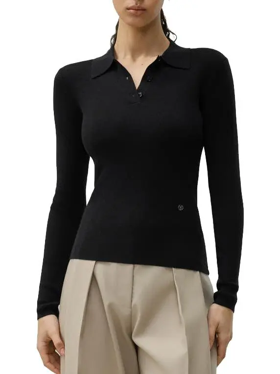 Lilysilk Silk-cashmere Long Sleeve Polo - Black