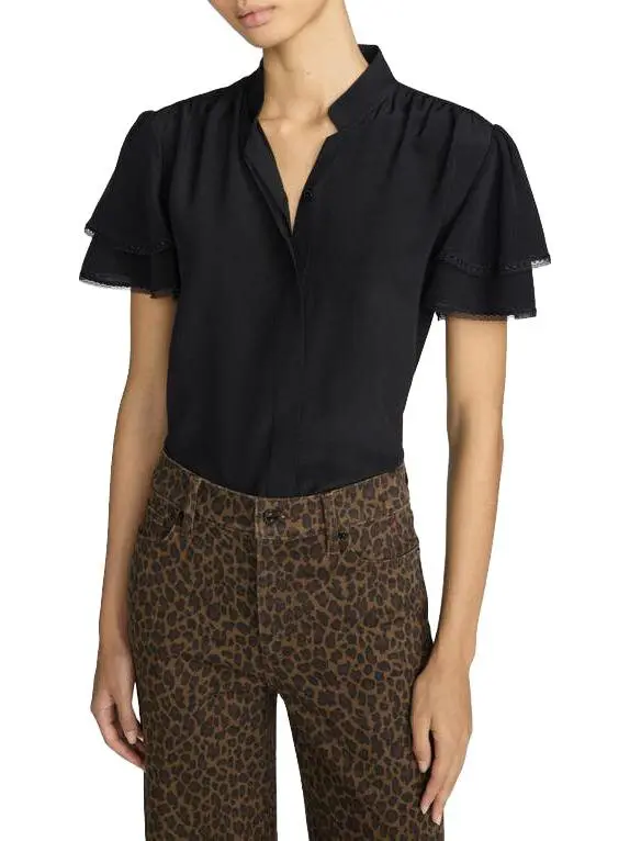 FRAME Arcadia Layered Ruffle Silk Top - Black