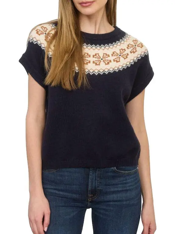 ZOE AND CLAIRE Short Sleeve Fair Isle Knit Sweater - Navy