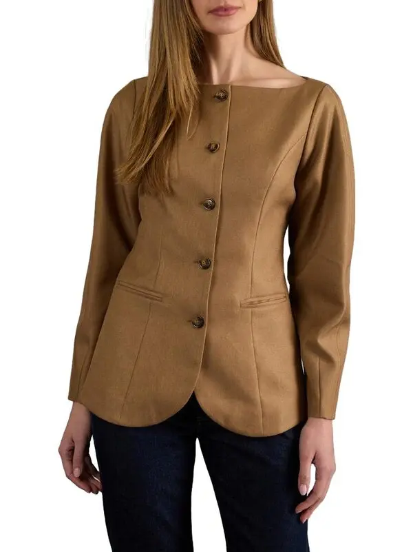 ZOE AND CLAIRE Bateau Neck Jacket With Puff Shoulders - Camel