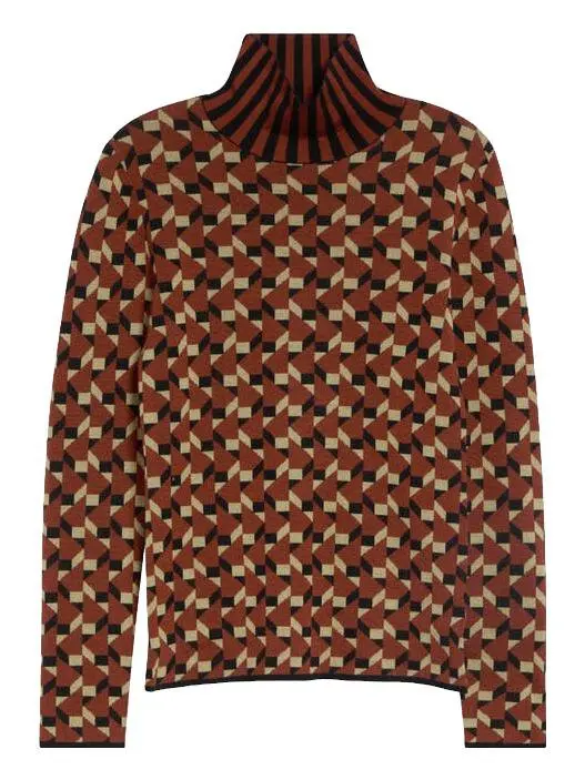 ZANKOV Merino Wool Geometric Jacquard Mock Neck Sweater - Brown
