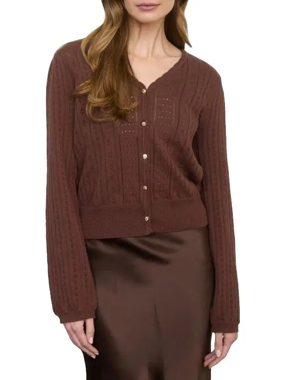 ZOE AND CLAIRE Pointelle Cotton Cardigan With Goldtone Buttons - Brown