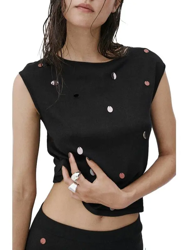 Mango Sequined Short Sleeve Knit Top - Black