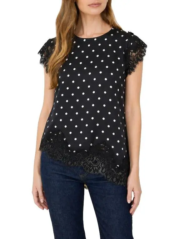 ZOE AND CLAIRE Polka Dot Lace Trim Top - Black