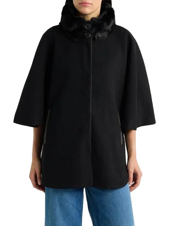 Via Spiga Faux Fur Collar Cape - Black
