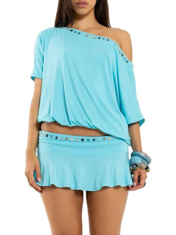 JADED LONDON Studded Open Back One-shoulder Top - Turquoise