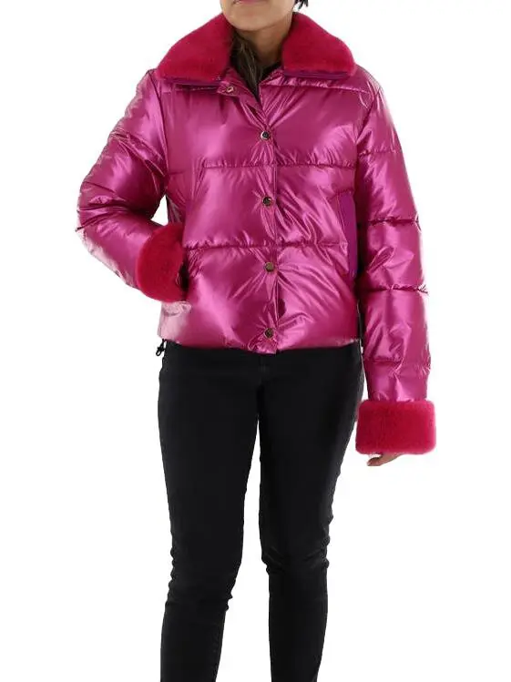 La Fiorentina Metallic Puffer Jacket With Faux Fur Trim - Fuchsia