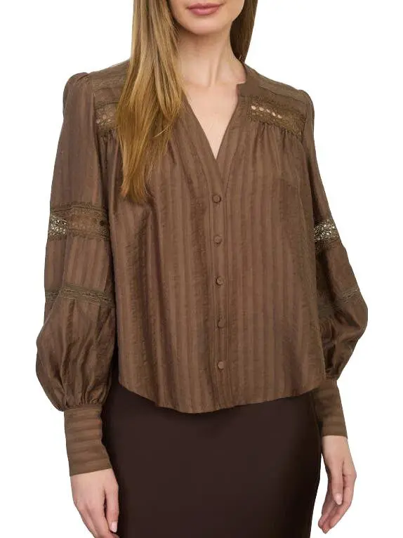 ZOE AND CLAIRE Lace Detail Bishop Sleeve Stripe Blouse - Brown
