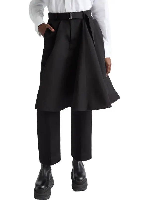 Sacai Belted Double-faced Silk & Cotton Skirted Pants - Black