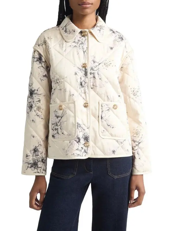 Cinq À Sept Sketched Floral Quilted Jacket - Gardenia/black