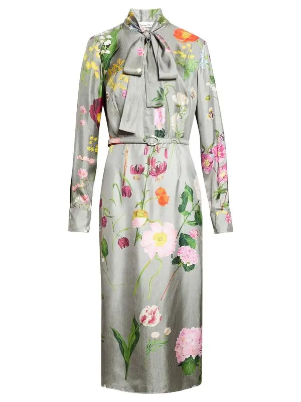 Oscar De La Renta Floral Print Long Sleeve Silk Midi Dress - Grey Multi