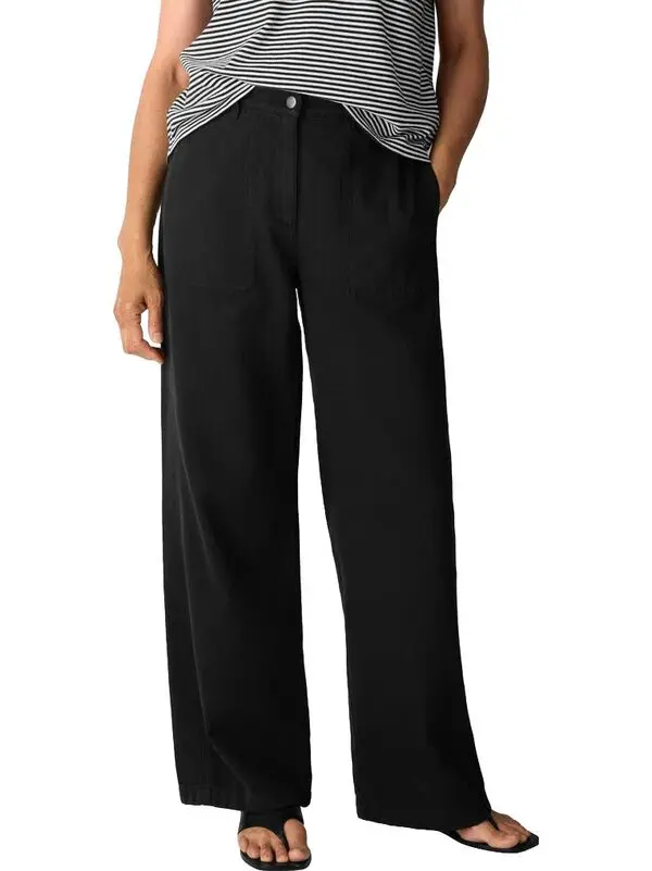 Eileen Fisher High Waist Wide Leg Organic Cotton Trousers - Black