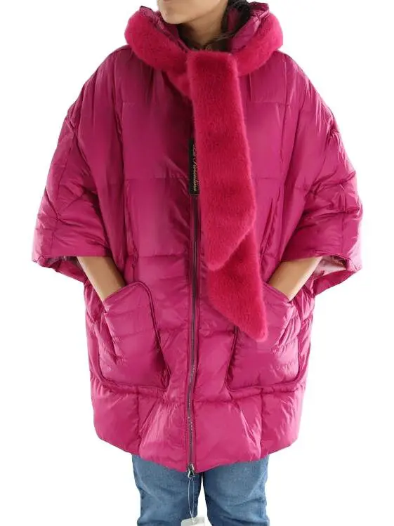 La Fiorentina Quilted Puffer Jacket With Faux Fur Scarf - Fuchsia