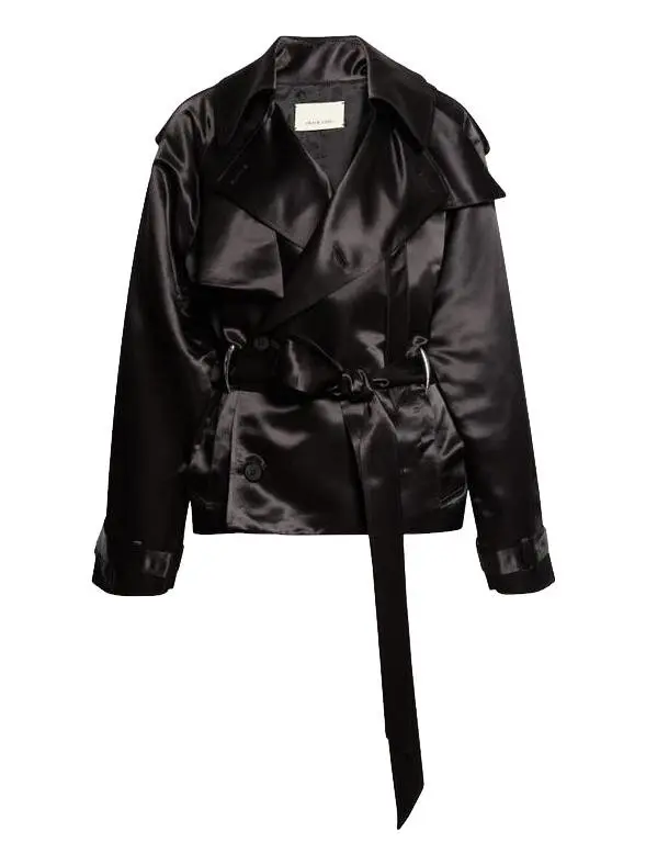 GRACE LING Liquid Satin Cropped Trench Coat - Black