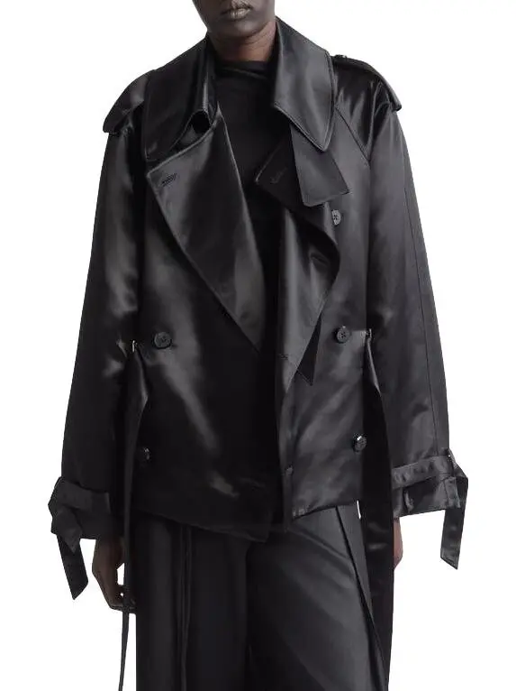 GRACE LING Liquid Satin Cropped Trench Coat - Black