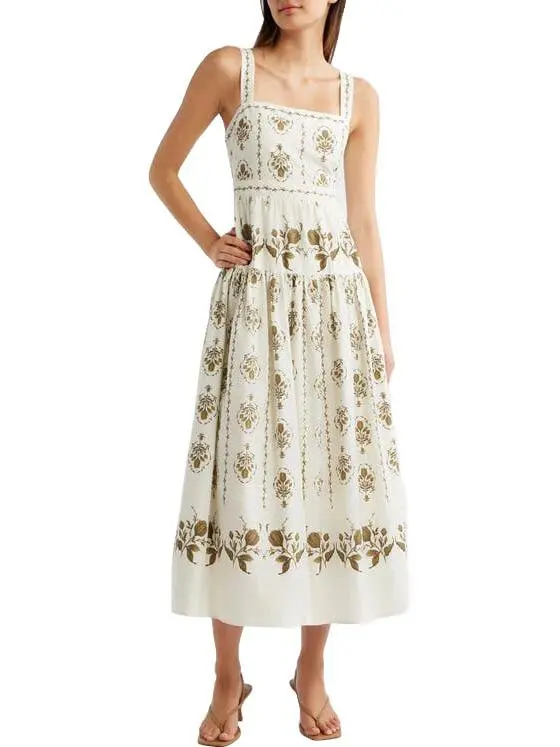 Moon River Sleeveless Printed Square Neck Midi Dress - Beige Multi