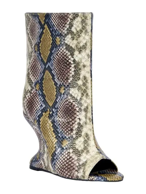 AZALEA WANG Snakeskin Print Open Toe Wedge Booties - Multi