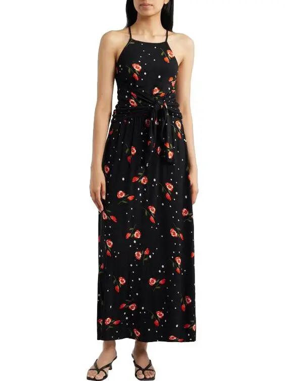Loveappella Floral Print Apron Maxi Dress - Black/red