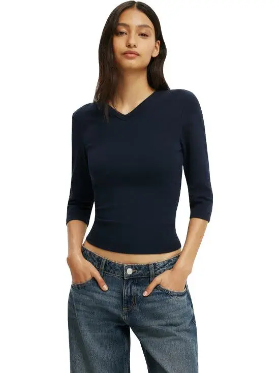 COTTON ON 90s V-neck 3/4 Sleeve Top - Total Eclipse
