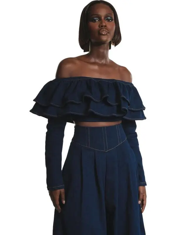 OFUURE Denim Dija Ruffle Crop Top - Blue