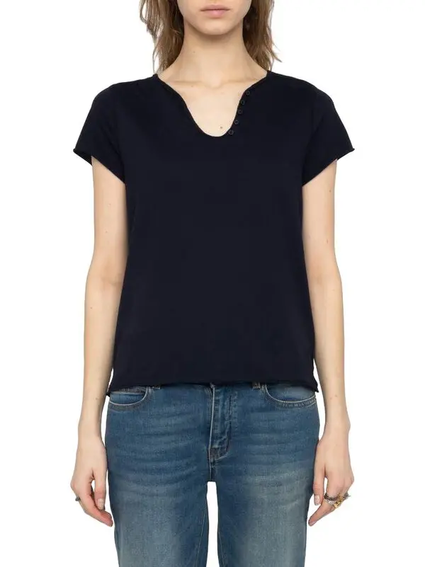 Zadig&Voltaire Slub Cotton Henley T-shirt With Fishnet Detail - Encore