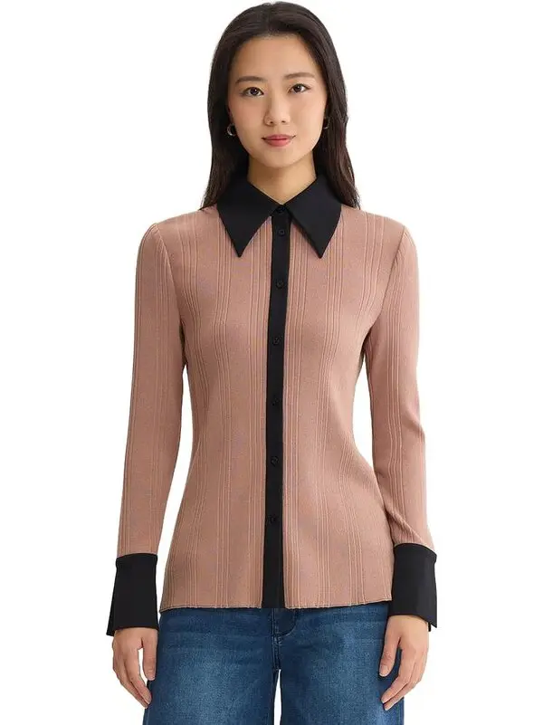 Misook Lightweight Mixed Media Soft Knit Shirt - Charmeuse/black