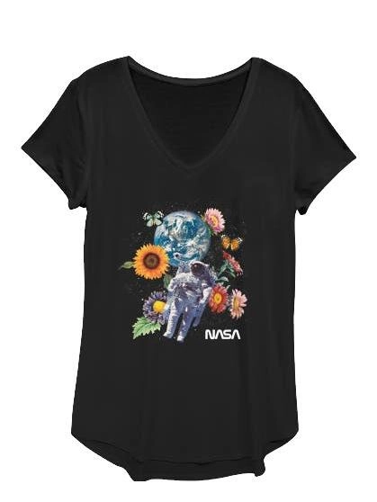NASA Astronaut Floral Graphic V-neck T-shirt - Black