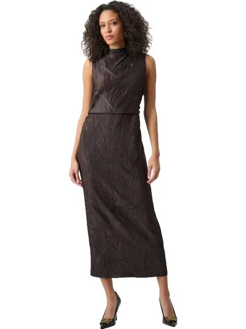 Joseph Ribkoff Pleated Satin Sleeveless Midi Dress - Mocha