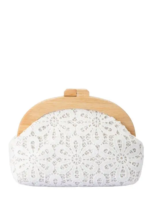 OLGA BERG Bonnie Lace Clutch With Wood Frame - White