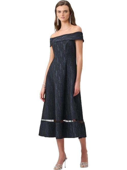 Joseph Ribkoff Foil-textured Jacquard Off-shoulder Fit And Flare Midi Dress - Navy