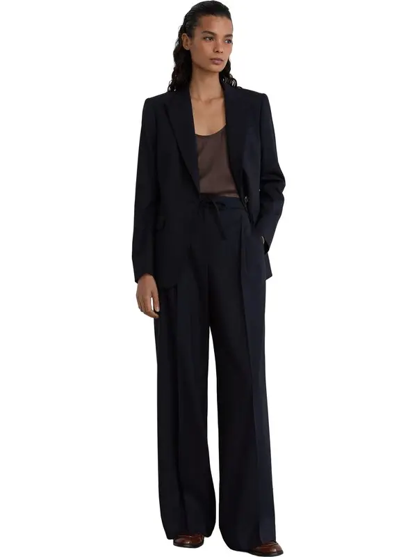 REISS Solene Wool-blend Drawstring Wide-leg Suit Trousers - Navy