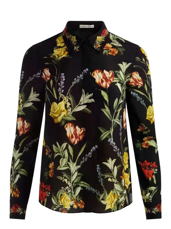 Alice + Olivia Floral Print Silk Shirt - Black