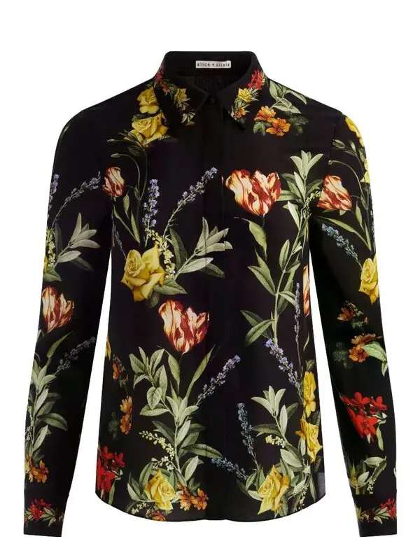 Alice + Olivia Floral Print Silk Shirt - Black