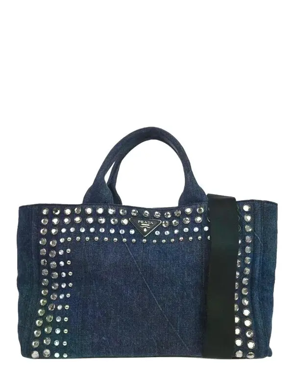 Prada Canapa Studded Embellished Tote Bag - Blue