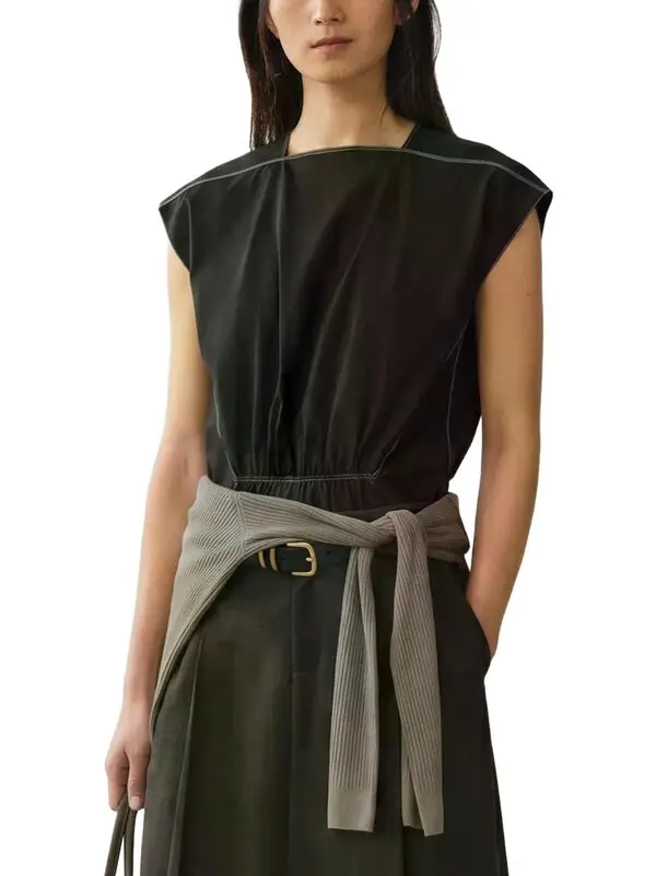 LESS Peplum Hem Blouse With Contrast Stitching - Black