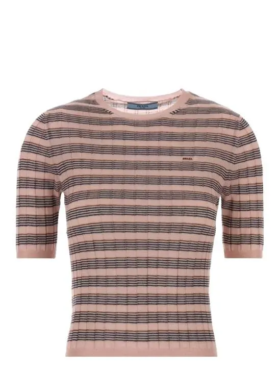 Prada Short-sleeved Striped Cashmere And Silk Sweater - Pink/blue