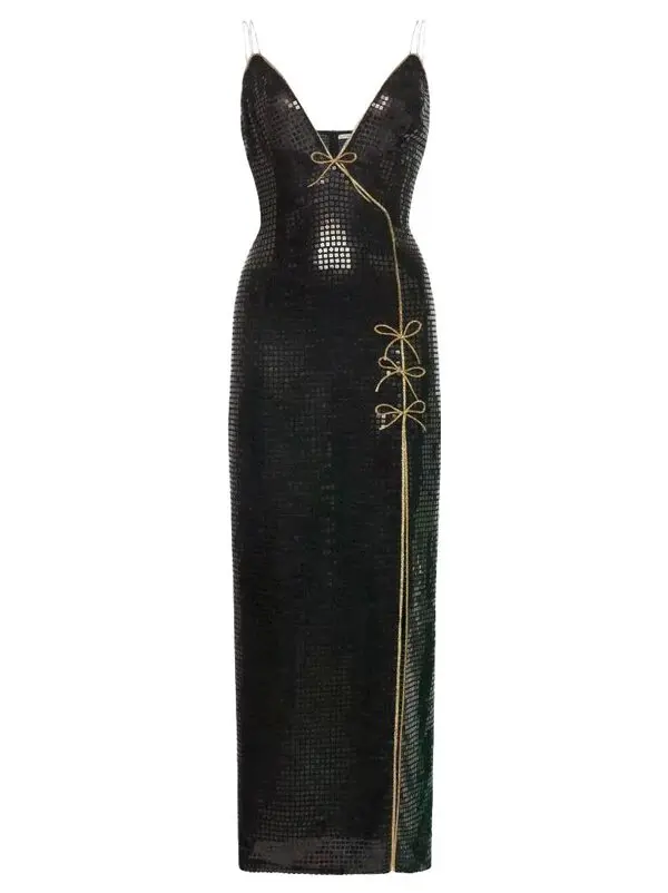 Alessandra Rich Sequined V-neck Maxi Dress With Bow Detail And Side Slit - Black