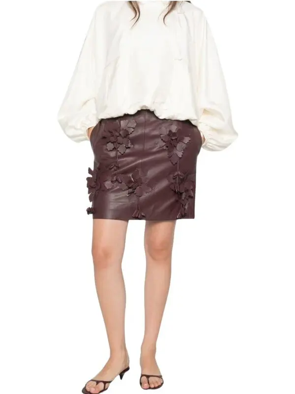Alberta Ferretti Floral Appliqué Leather Skirt - Brown